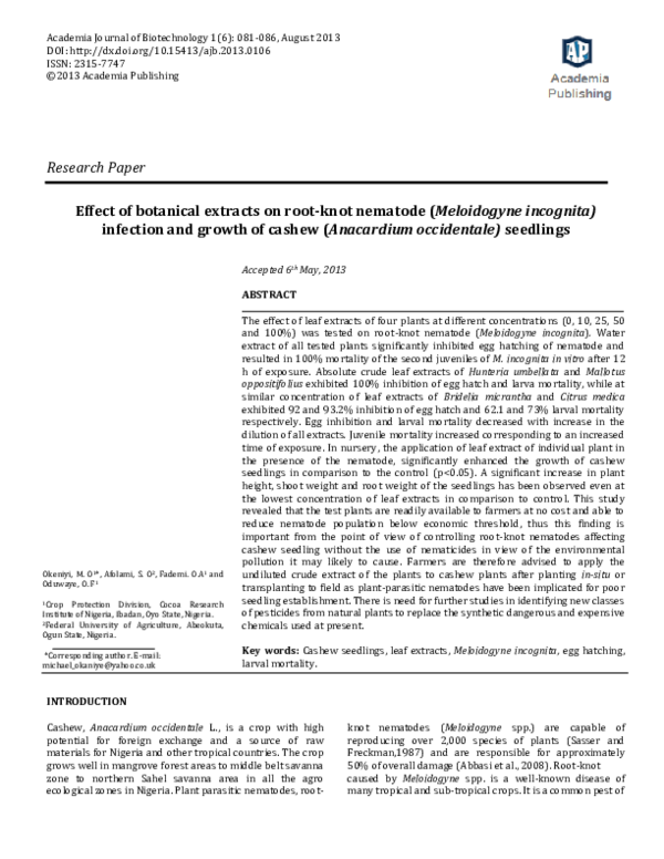 (PDF) Effect of botanical extracts on root-knot nematode (Meloidogyne incognita) infection and ...