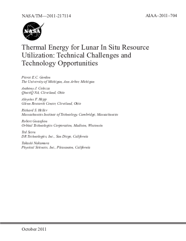 Pdf Thermal Energy For Lunar In Situ Resource Utilization Technical