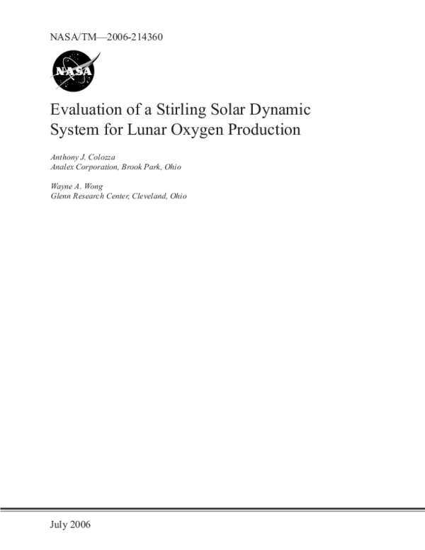 (PDF) Evaluation of a Stirling Solar Dynamic System for Lunar Oxygen ...