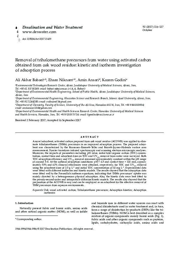 (PDF) Removal of trihalomethane precursors from water using activated carbon obtained from oak ...