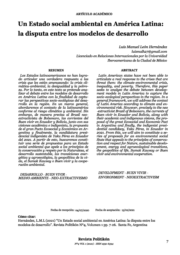 (PDF) Un Estado social ambiental en América Latina: la disputa entre los modelos de desarrollo