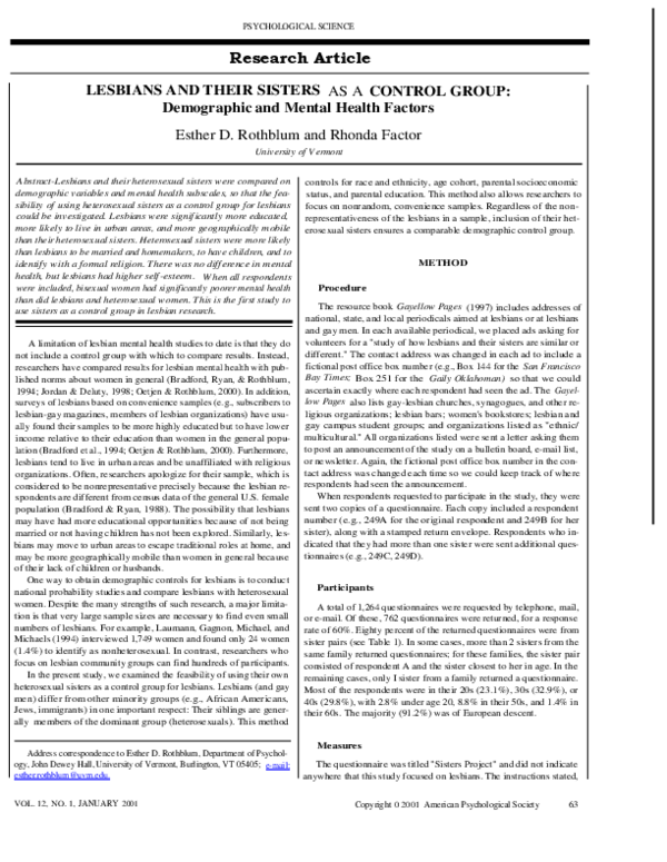 (PDF) Lesbians and Their Sisters as a Control Group: Demographic and ...