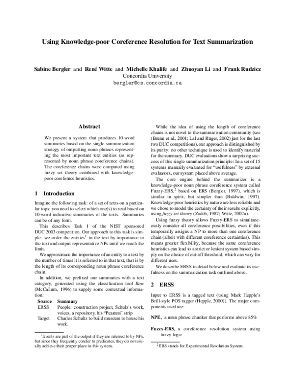 Pdf Using Knowledge Poor Coreference Resolution For Text Summarization