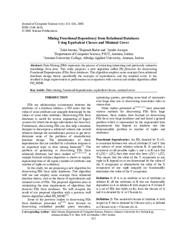 Pdf Mining Functional Dependency From Relational Databases Using