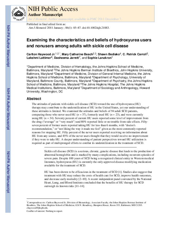 (PDF) Examining the characteristics and beliefs of hydroxyurea users ...