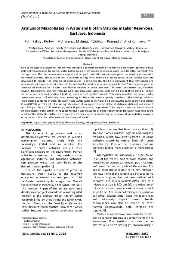 (PDF) Analysis of Microplastics in Water and Biofilm Matrices in Lahor Reservoirs, East Java ...