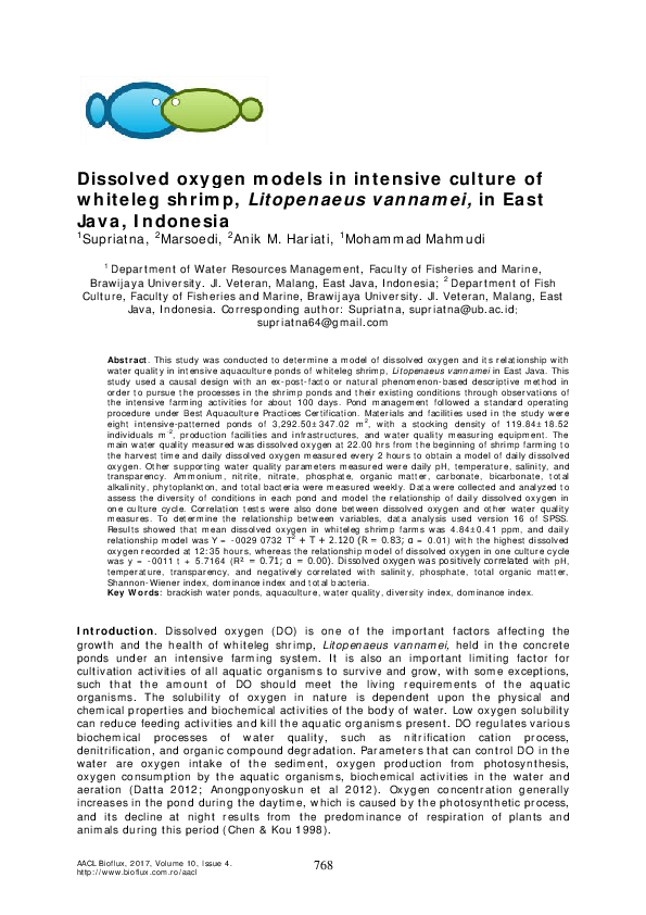 (PDF) Dissolved oxygen models in intensive culture of whiteleg shrimp, Litopenaeus vannamei, in ...