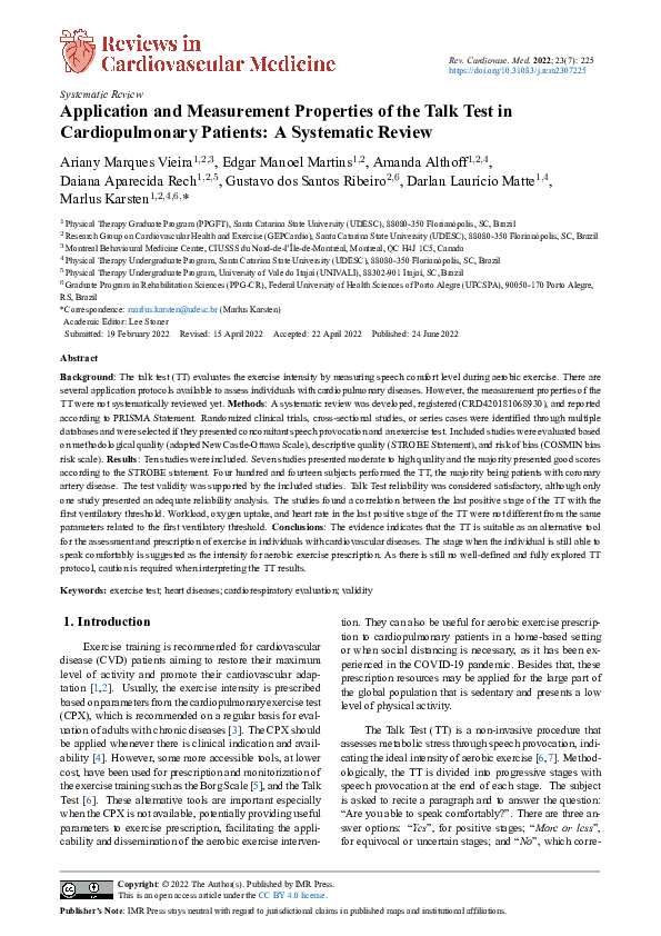 (PDF) Application and Measurement Properties of the Talk Test in ...