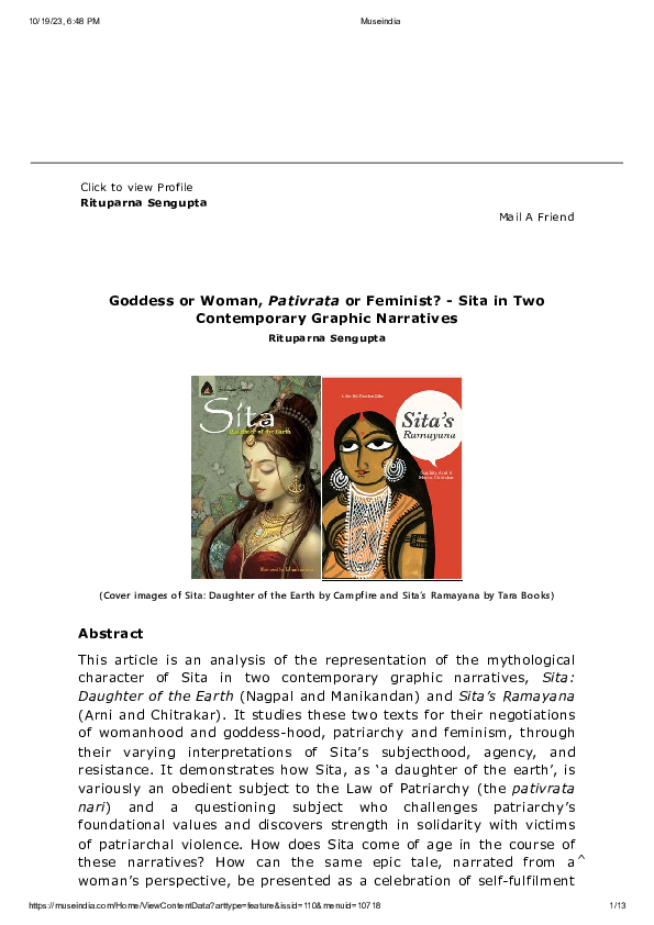 (PDF) Goddess or Woman, Pativrata or Feminist?: Sita in Two ...