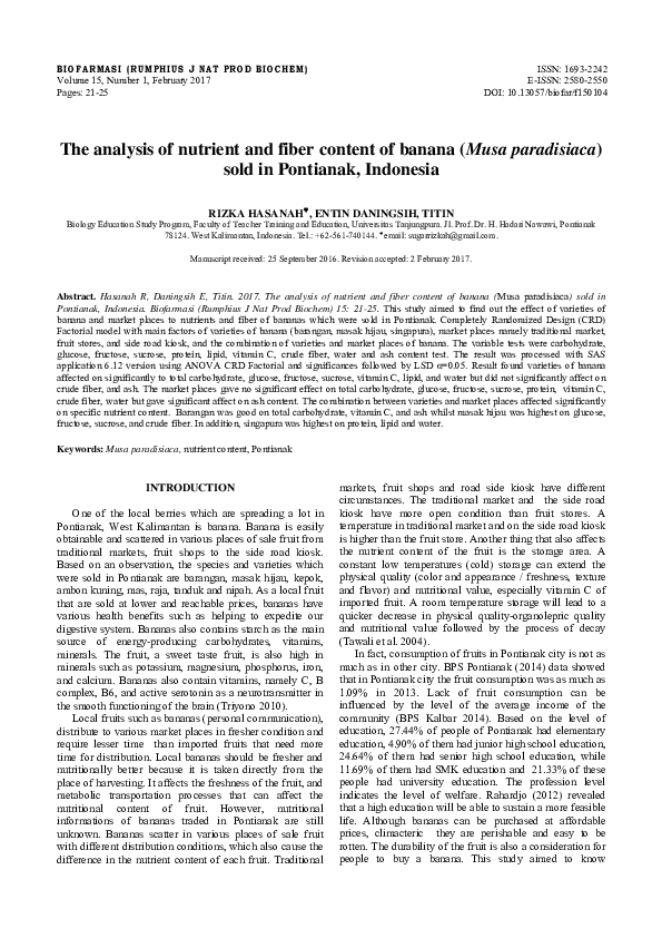(PDF) The analysis of nutrient and fiber content of banana (Musa paradisiaca) sold in Pontianak ...