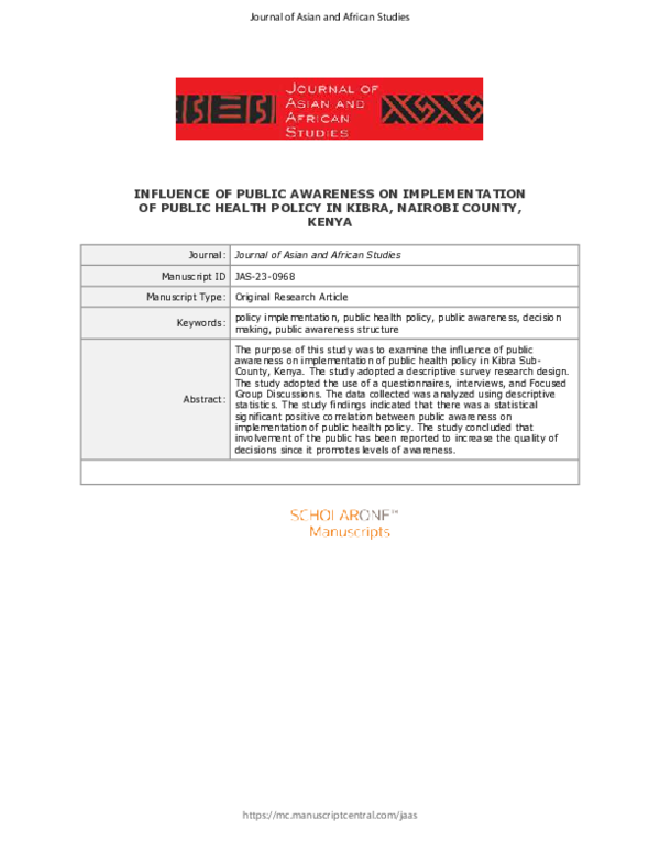 (PDF) INFLUENCE OF PUBLIC AWARENESS ON IMPLEMENTATION OF PUBLIC HEALTH ...