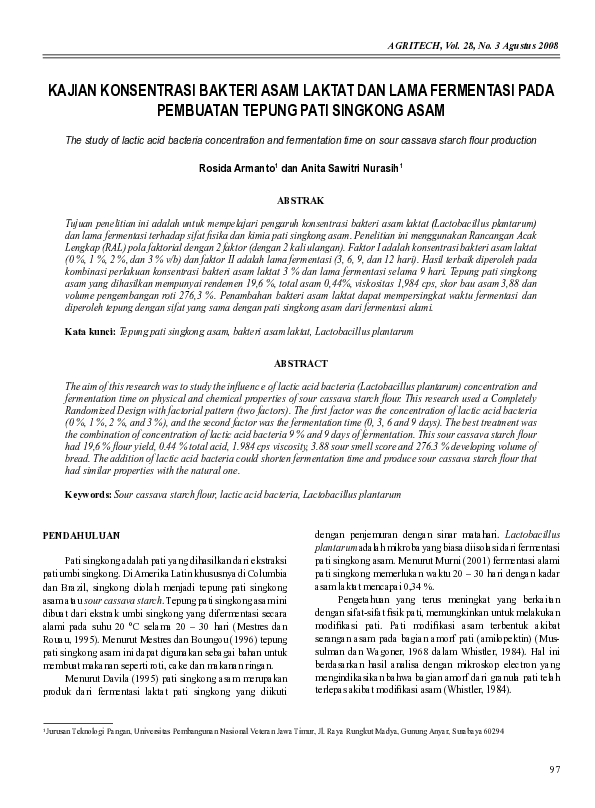 (PDF) KAJIAN KONSENTRASI BAKTERI ASAM LAKTAT DAN LAMA FERMENTASI PADA PEMBUATAN TEPUNG PATI ...