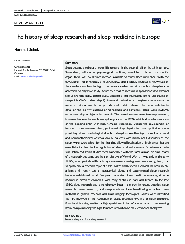 (PDF) The history of sleep research and sleep medicine in Europe