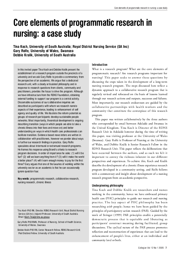 (PDF) Core elements of programmatic research in nursing: a case study