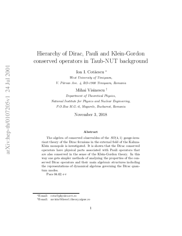 (PDF) Hierarchy of Dirac, Pauli, and Klein–Gordon conserved operators ...
