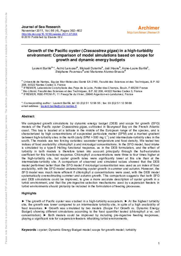 Pdf Growth Of The Pacific Oyster Crassostrea Gigas In A High