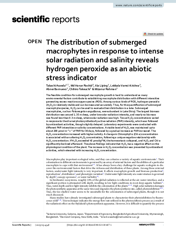 Pdf The Distribution Of Submerged Macrophytes In Response To Intense Solar Radiation And