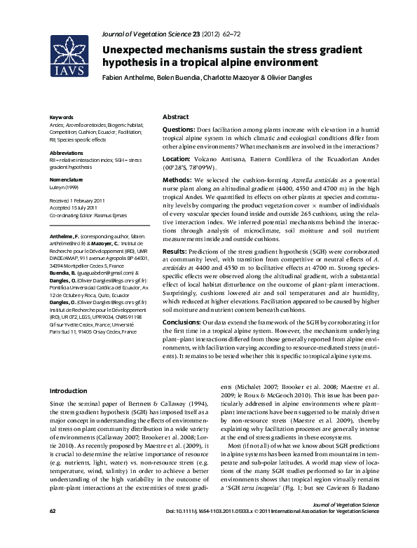 (PDF) Unexpected mechanisms sustain the stress gradient hypothesis in a ...