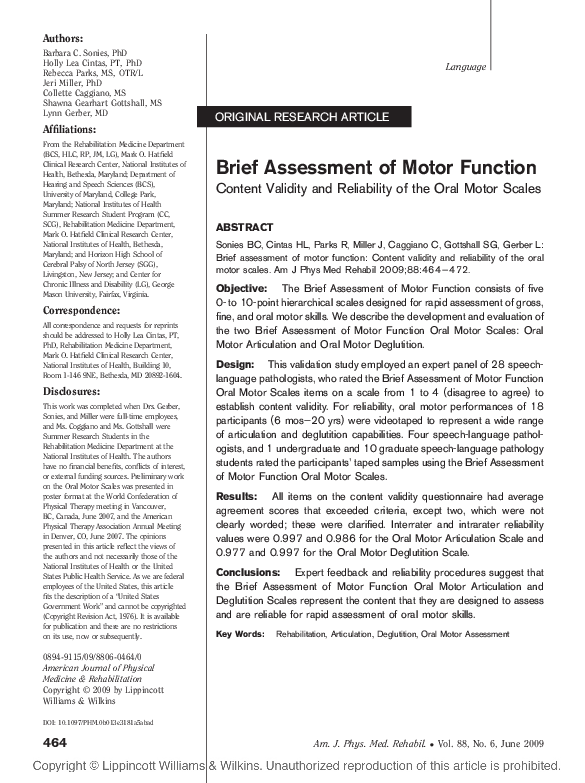(PDF) Brief Assessment of Motor Function