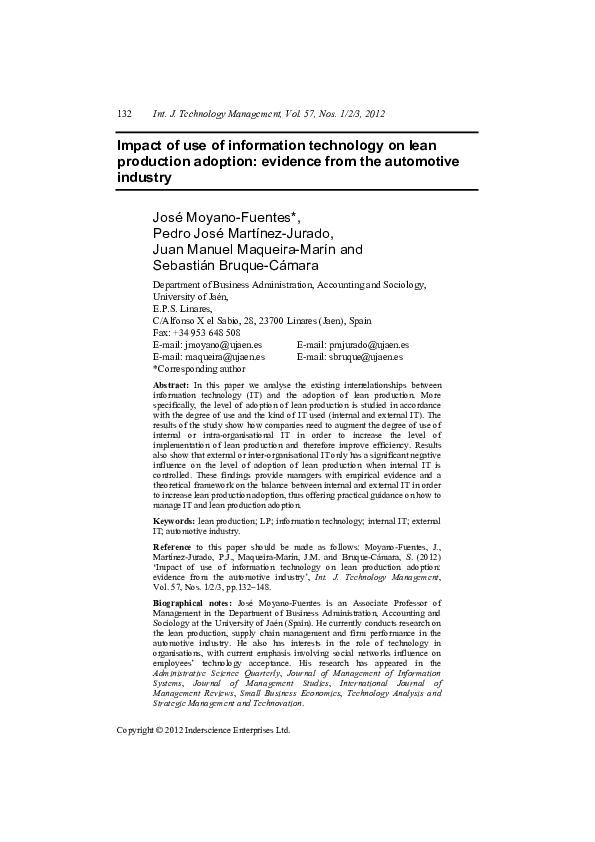 (PDF) Impact of use of information technology on lean production adoption: evidence from the ...