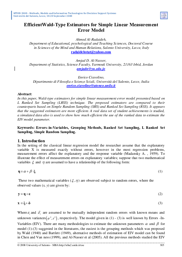 (PDF) Efficient Wald-Type Estimators for Simple Linear Measurement Error Model | Prof.Amjad Al ...