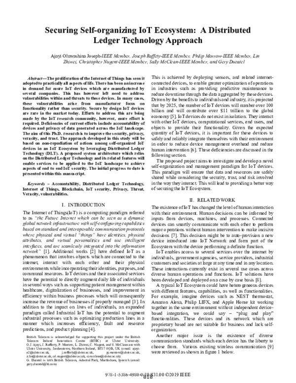 (PDF) Securing Self-organizing IoT Ecosystem: A Distributed Ledger Technology Approach
