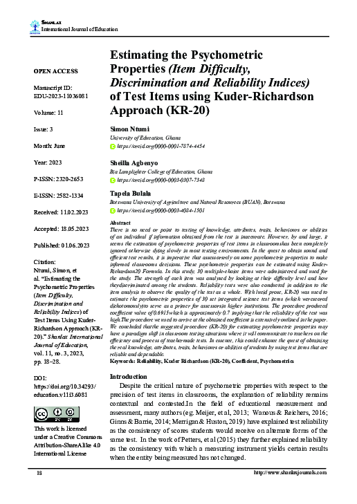 (PDF) Estimating the Psychometric Properties (Item Difficulty ...
