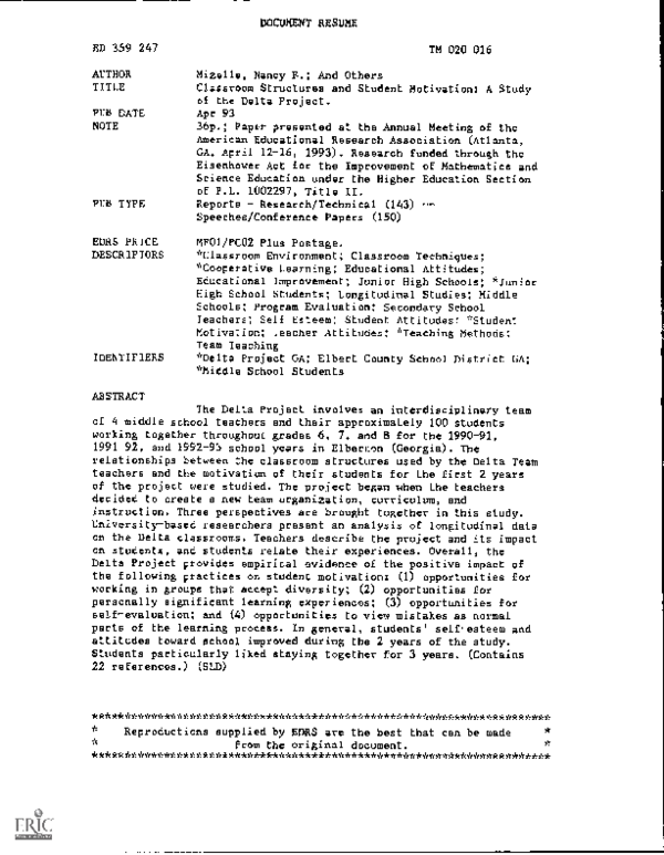 (PDF) Classroom Structures and Student Motivation: A Study of the Delta ...