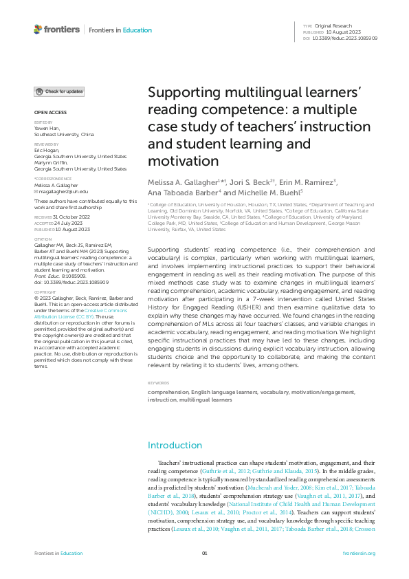 (PDF) Supporting multilingual learners’ reading competence: a multiple case study of teachers ...
