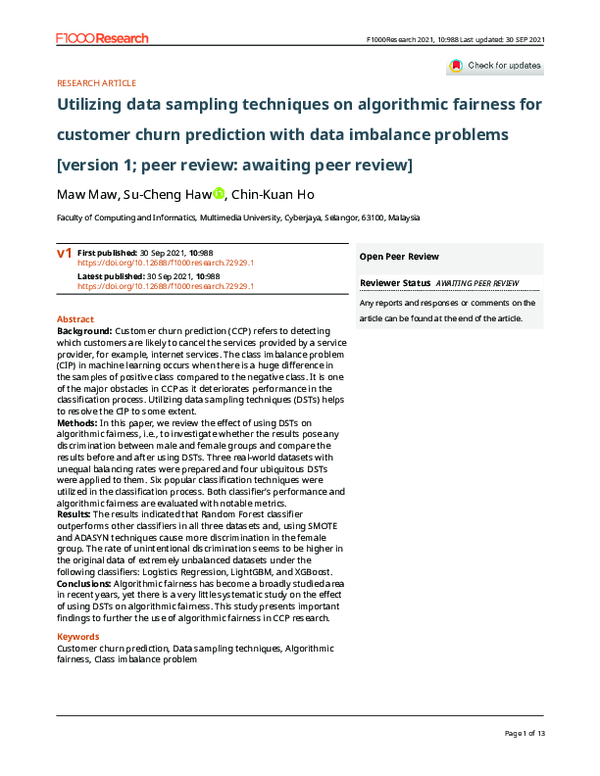 Pdf Utilizing Data Sampling Techniques On Algorithmic Fairness For Customer Churn Prediction