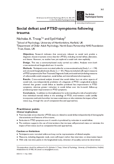 (PDF) Social Defeat's Influence on PTSD Symptoms