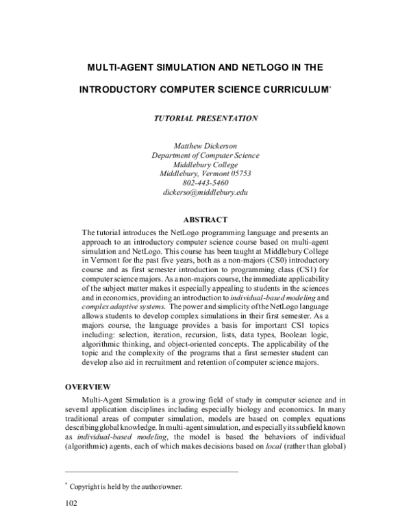 (PDF) Multi-agent simulation and netLogo in the introductory computer science curriculum