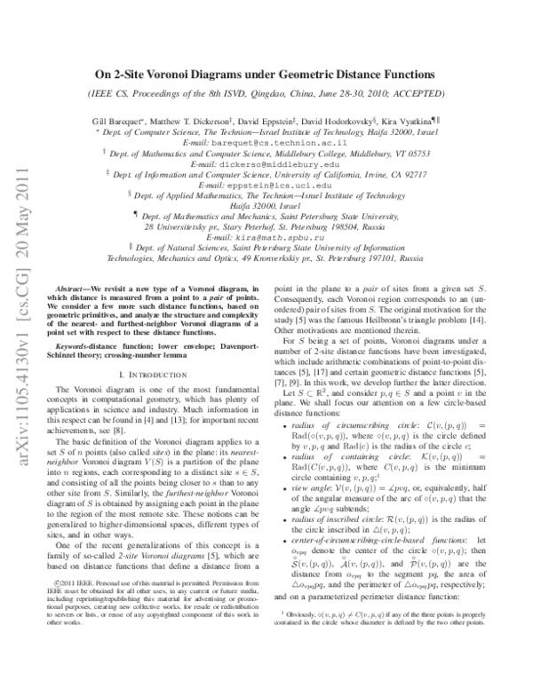 (PDF) On 2-Site Voronoi Diagrams Under Geometric Distance Functions