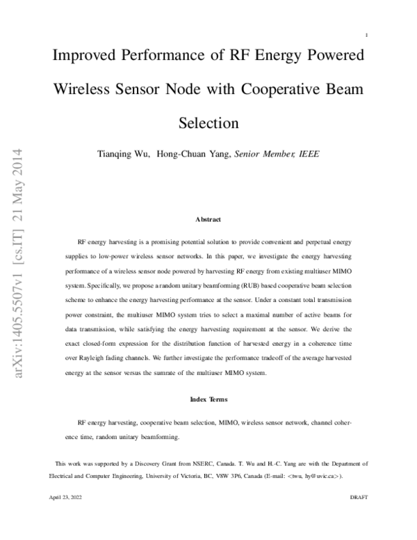 Pdf Improved Performance Of Rf Energy Powered Wireless Sensor Node With Cooperative Beam Selection