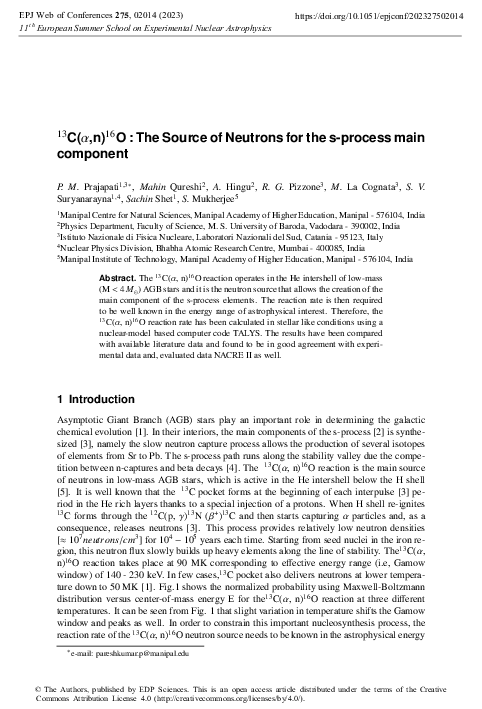 (PDF) 13C(α,n)16O: The Source of Neutrons for the s-process main component