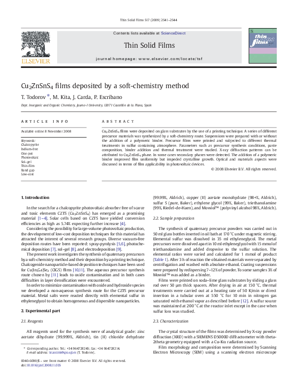 (PDF) Cu2ZnSnS4 films deposited by a soft-chemistry method | Juan ...