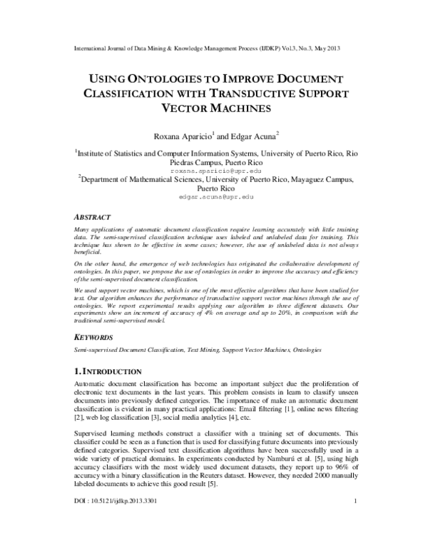 (PDF) Using Ontologies to Improve Document Classification with Transductive Support Vector Machines