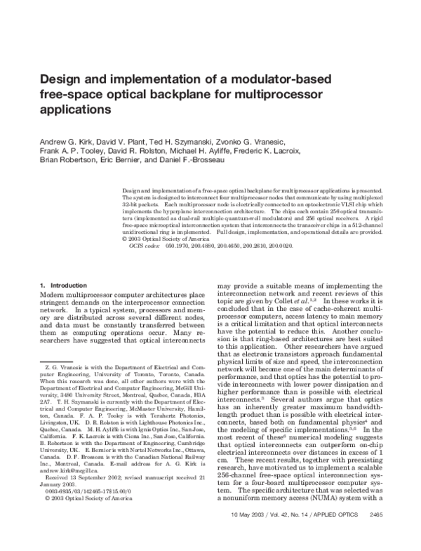 Pdf Design And Implementation Of A Modulator Based Free Space Optical Backplane For