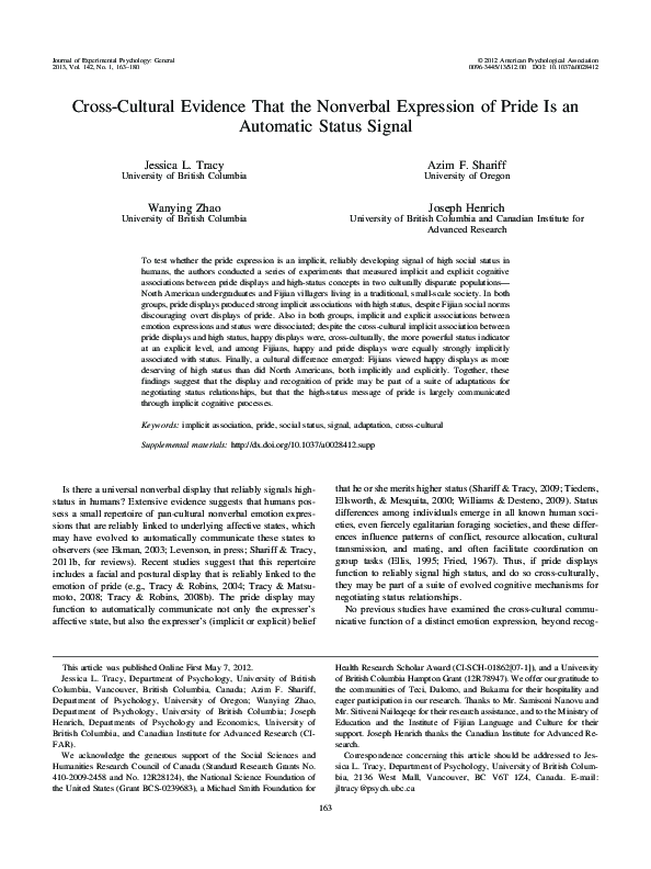 (PDF) Cross-cultural evidence that the nonverbal expression of pride is ...