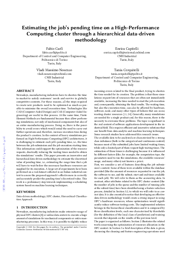 (PDF) Estimating the job's pending time on a High-Performance Computing cluster through a ...