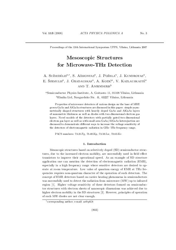 (PDF) Mesoscopic Structures for Microwave-THz Detection | S. Ašmontas - Academia.edu