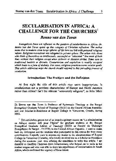 (PDF) Secularisation in Africa: a challenge for the churches