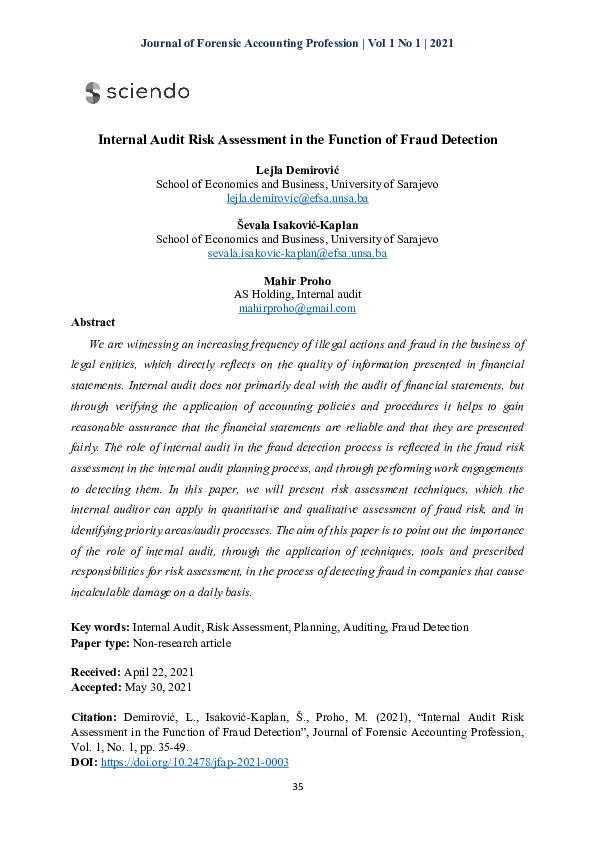 (PDF) Internal Audit Risk Assessment in the Function of Fraud Detection