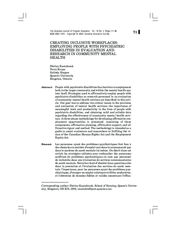 (PDF) Creating Inclusive Workplaces: Employing People with Psychiatric Disabilities in ...