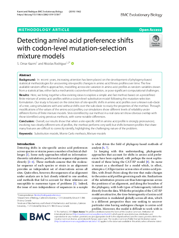Pdf Detecting Amino Acid Preference Shifts With Codon Level Mutation Selection Mixture Models
