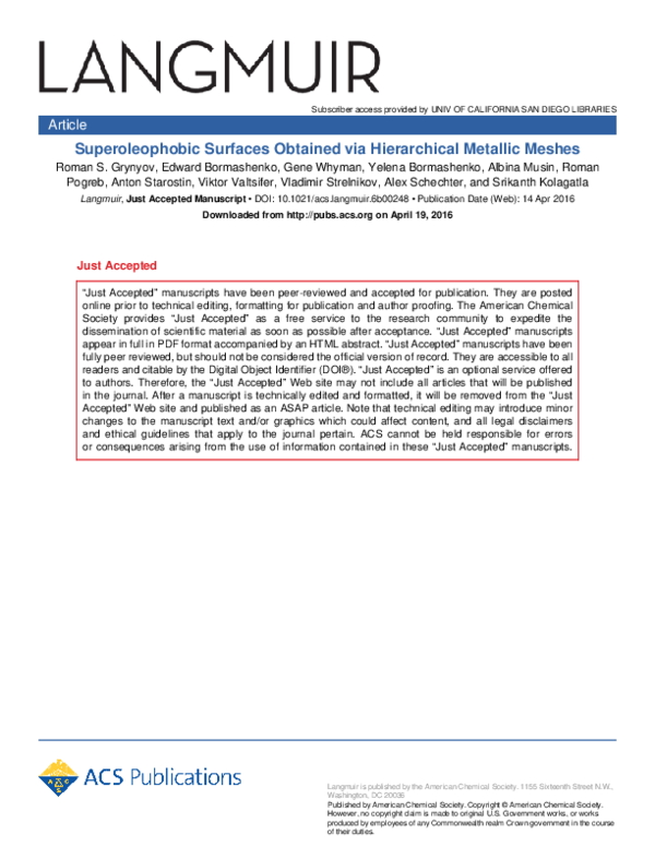(PDF) Superoleophobic Surfaces Obtained via Hierarchical Metallic Meshes