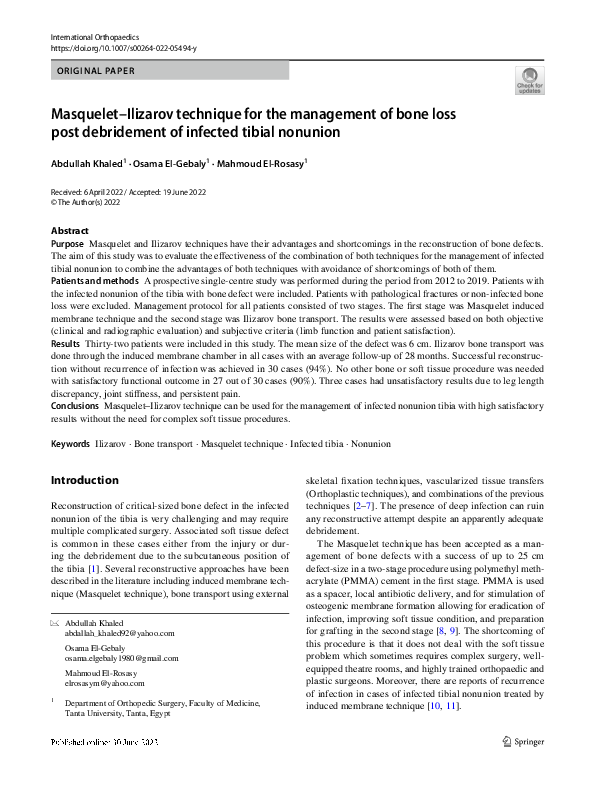 (PDF) Masquelet–Ilizarov technique for the management of bone loss post ...