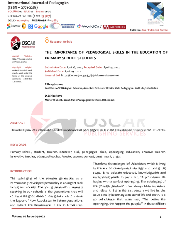 (PDF) THE IMPORTANCE OF PEDAGOGICAL SKILLS IN THE EDUCATION OF PRIMARY SCHOOL STUDENTS