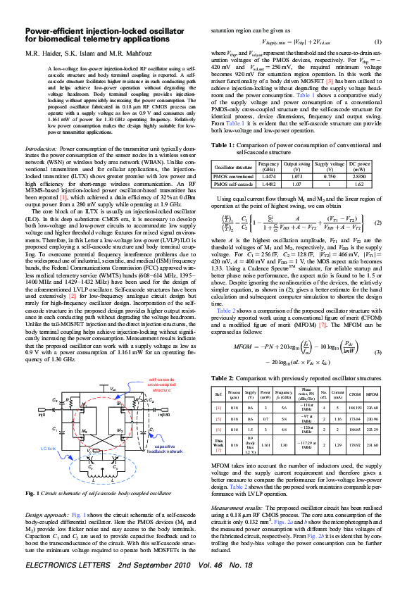 Pdf Power Efficient Injection Locked Oscillator For Biomedical Telemetry Applications