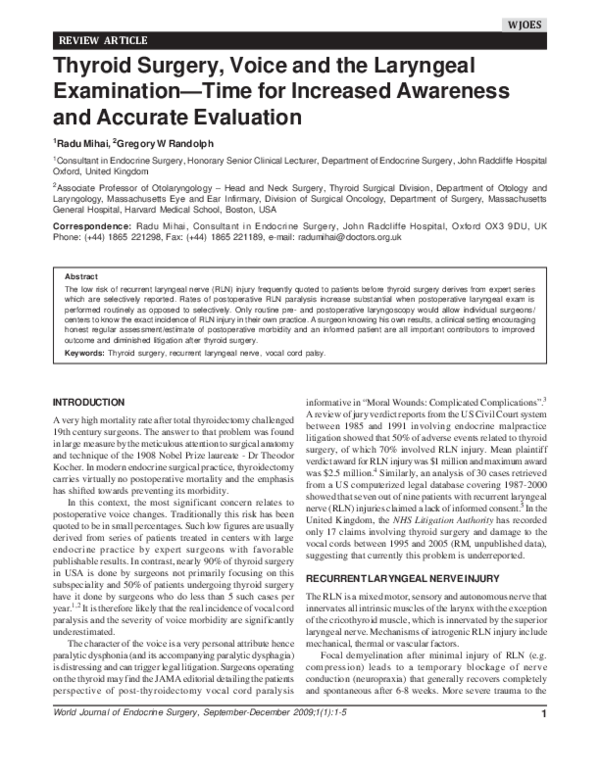 (PDF) Thyroid Surgery, Voice and the Laryngeal Examination—Time for ...